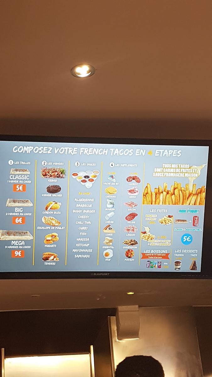 Menu au French Tacos restaurant, Dijon
