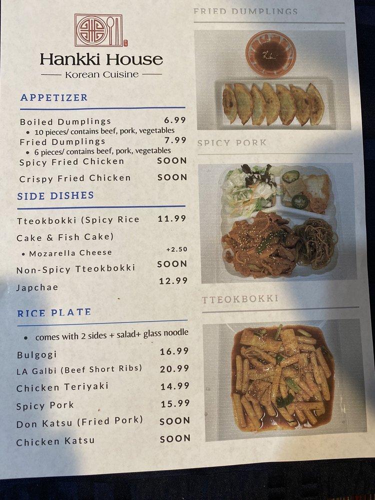 Menu at Hankki House restaurant, San Jose