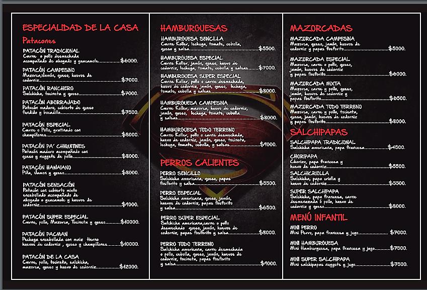 Menu at Patacome JM restaurant, Colombia