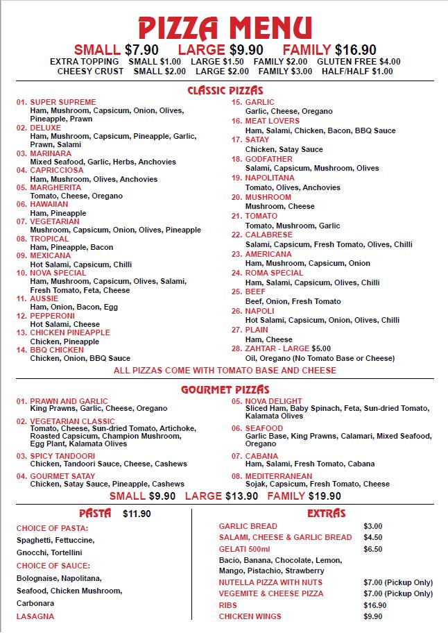 Menu at Pizza Nova Eumemmerring pizzeria, Eumemmerring