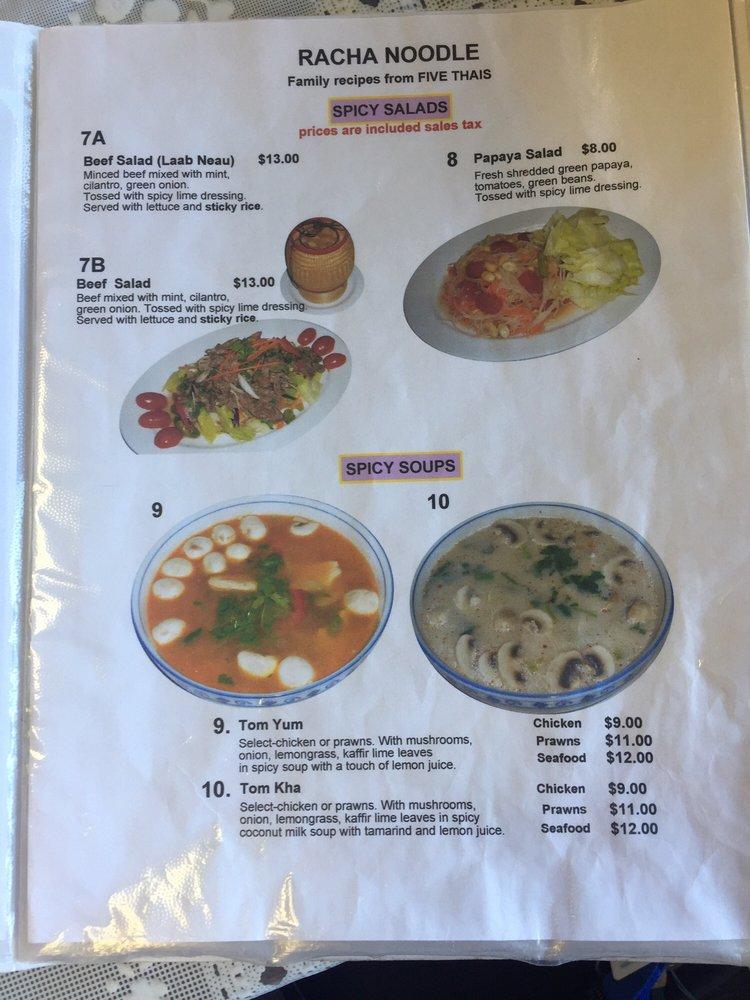 Menu at Racha Noodle restaurant, Redding