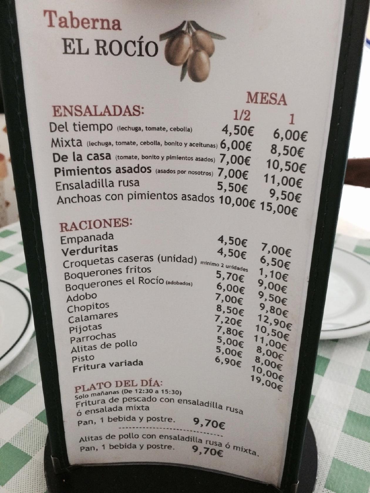 Carta del restaurante El Rocio, Soto del Real