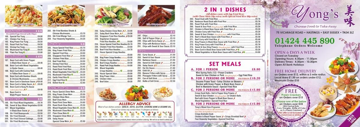 Menu at Yongs Take Away Food Shops fast food, Hastings