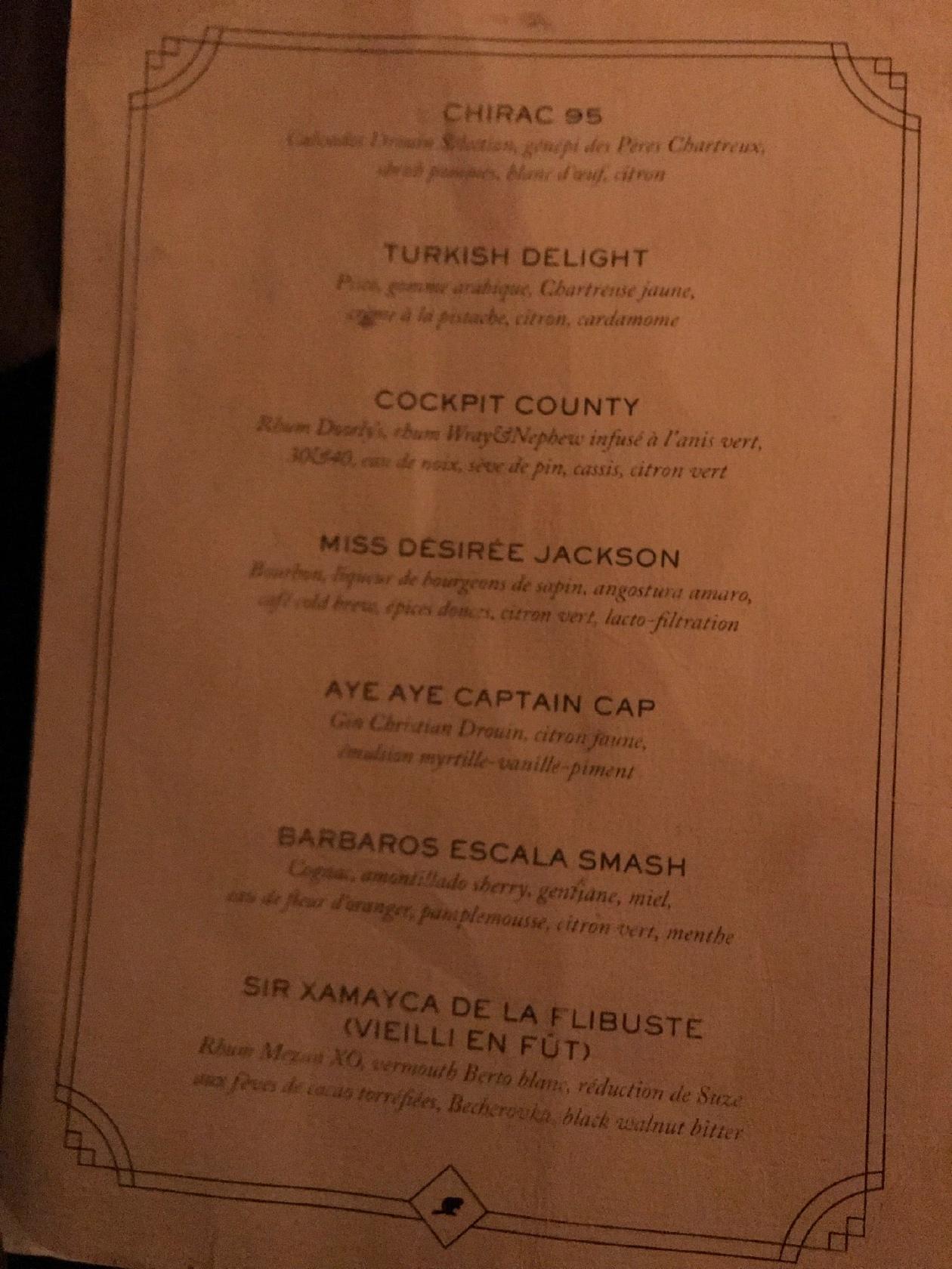 Menu at Castor Club, Paris