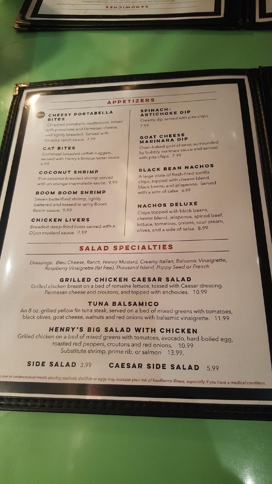 Menu at Henry's Restaurant, Fort Wayne
