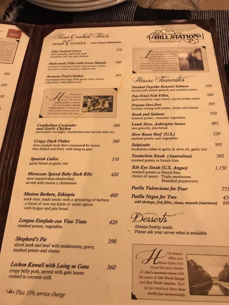 Menu at Hill Station restaurant, Baguio, Casa Vallejo