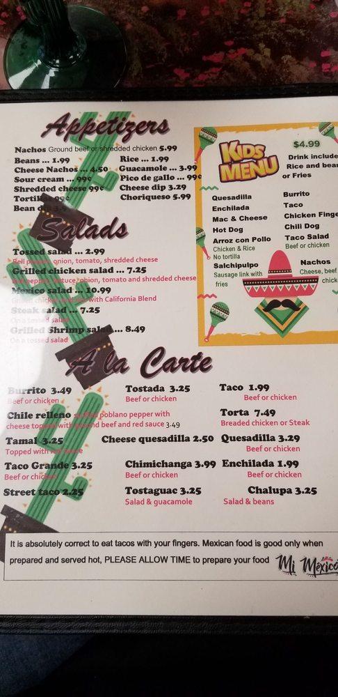 Menu at Mi Mexico restaurant, Logansport
