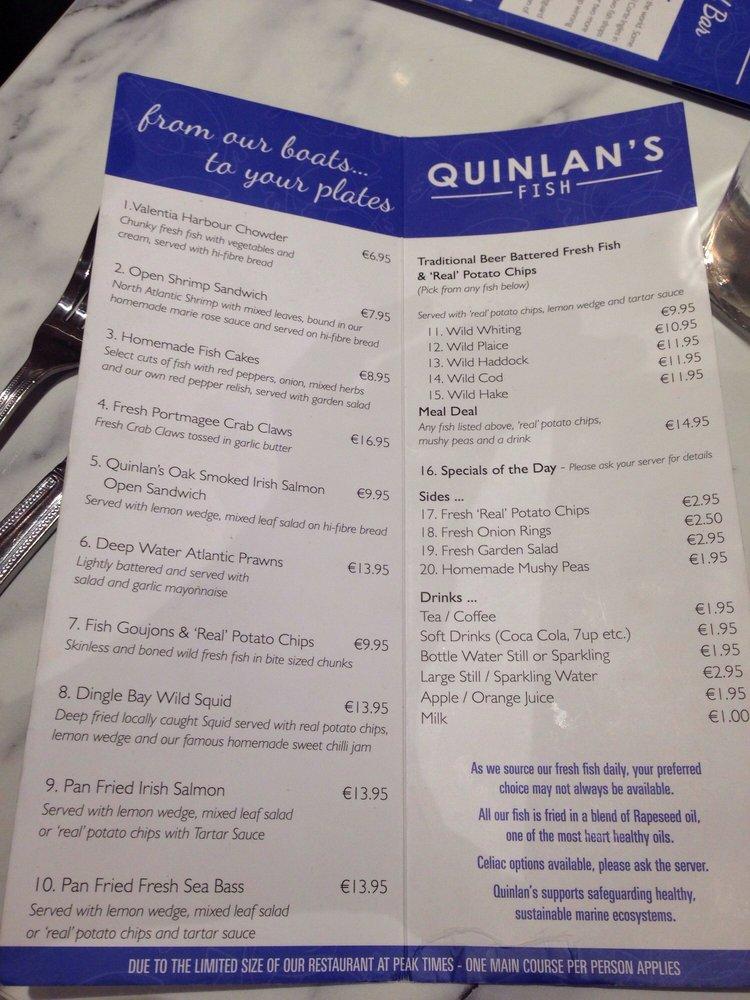Menu at Quinlan's Seafood Bar, Killarney
