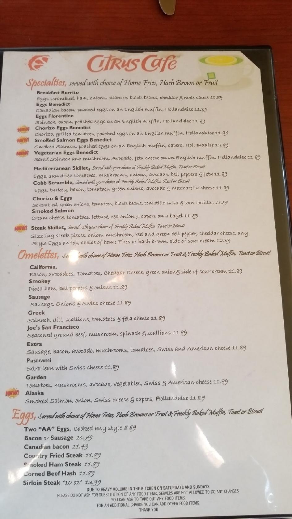 Menu at Citrus Cafe, Tustin