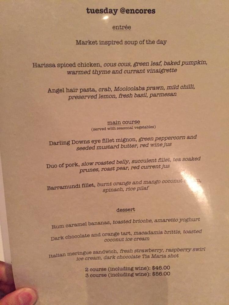 Menu at Encores at the Empire restaurant, Toowoomba City