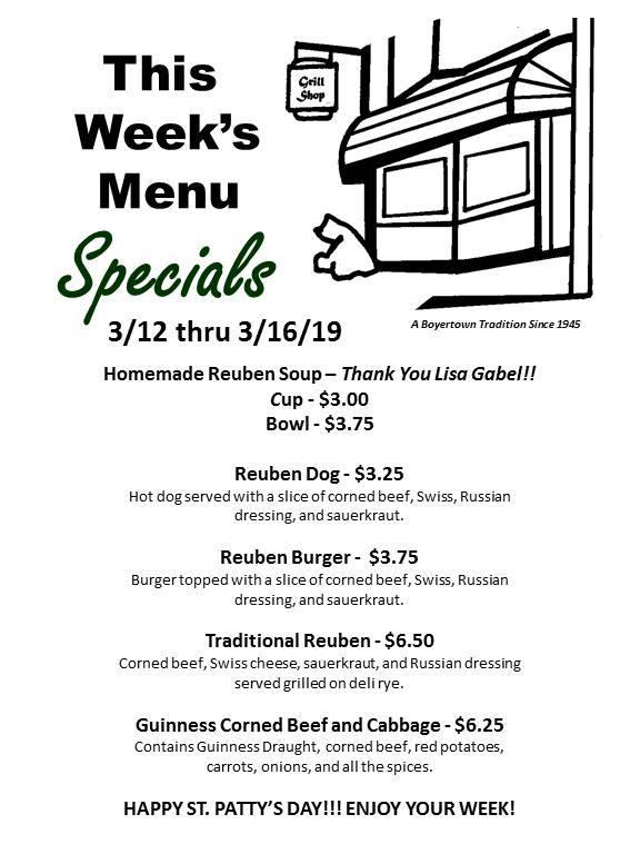 Menu at Grill Shop restaurant, Boyertown, 35 E Philadelphia Ave # 1