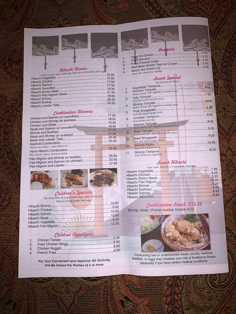 Menu at HANA SUSHI AND HIBACHI restaurant, West Hazleton