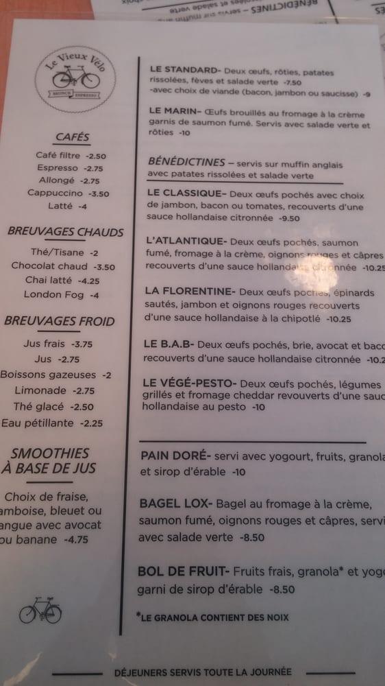Menu at Le Vieux Velo restaurant, Montréal, 59 Rue Beaubien E