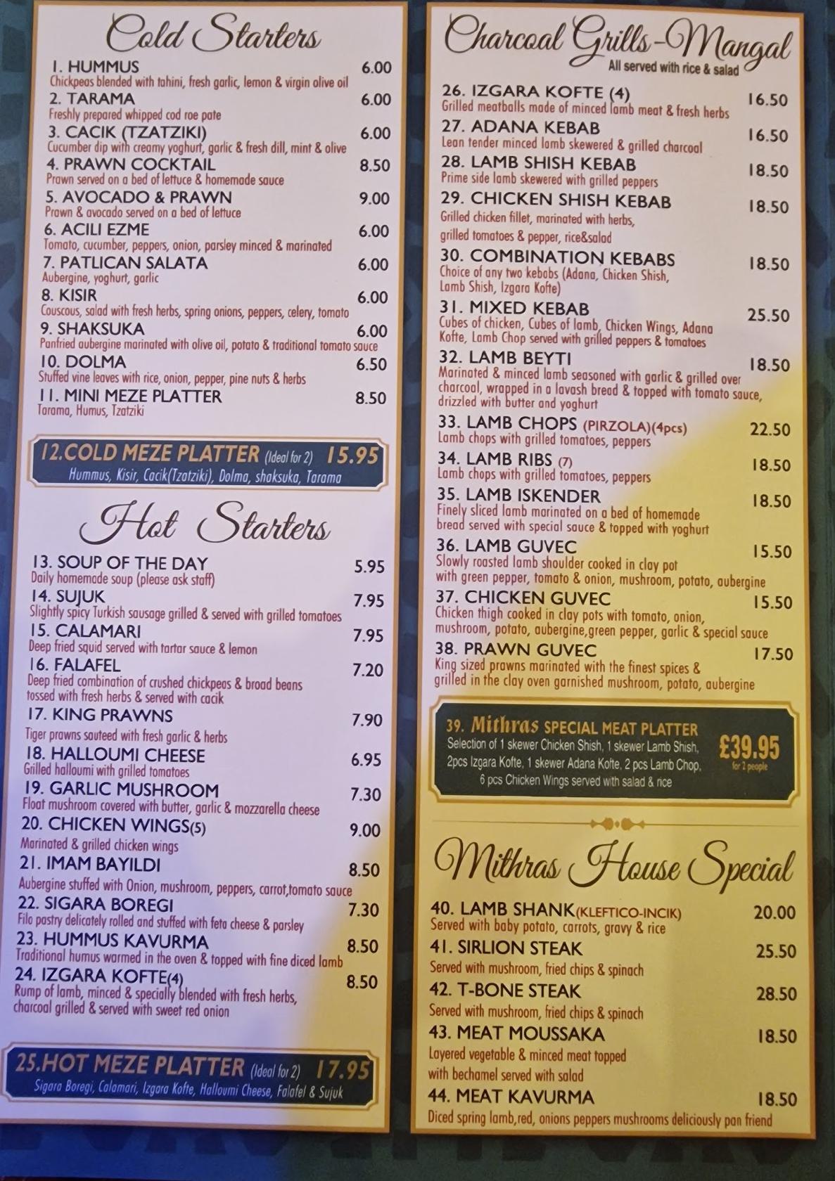 Menu at Mithras Turkish Mediterranean Restaurant, Croydon