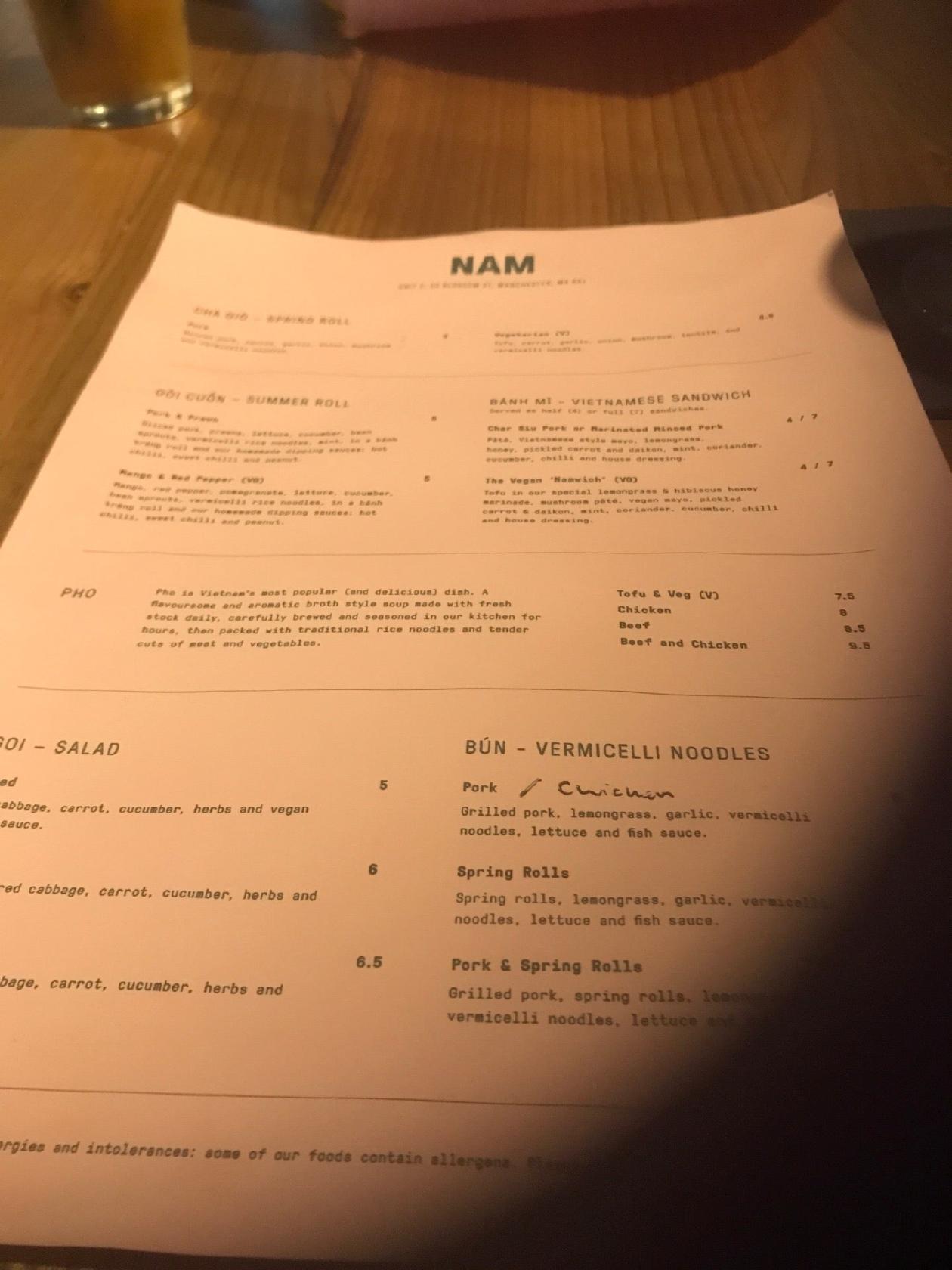 Menu at Nam Manchester pub & bar, Manchester