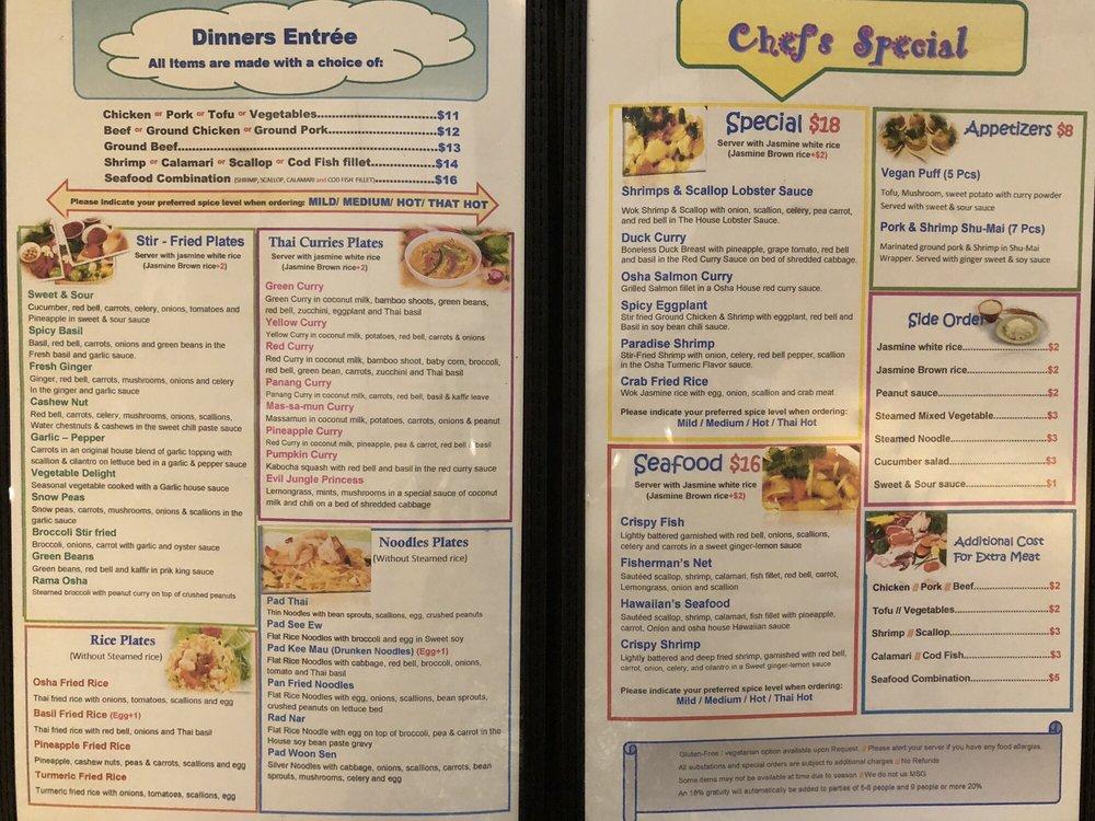 Menu at Osha Thai Cafe, Scottsdale