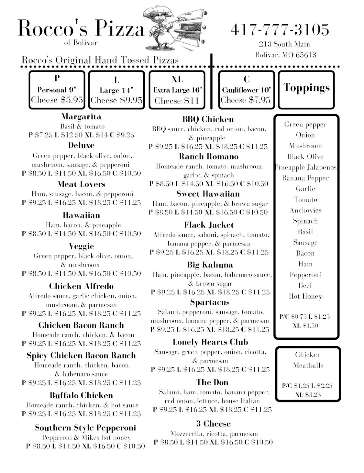 Menu at Rocco's Pizza of Bolivar pizzeria, Bolivar