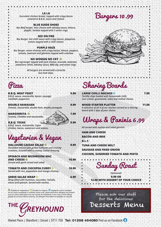Menu at The Greyhound pub & bar, Blandford Forum