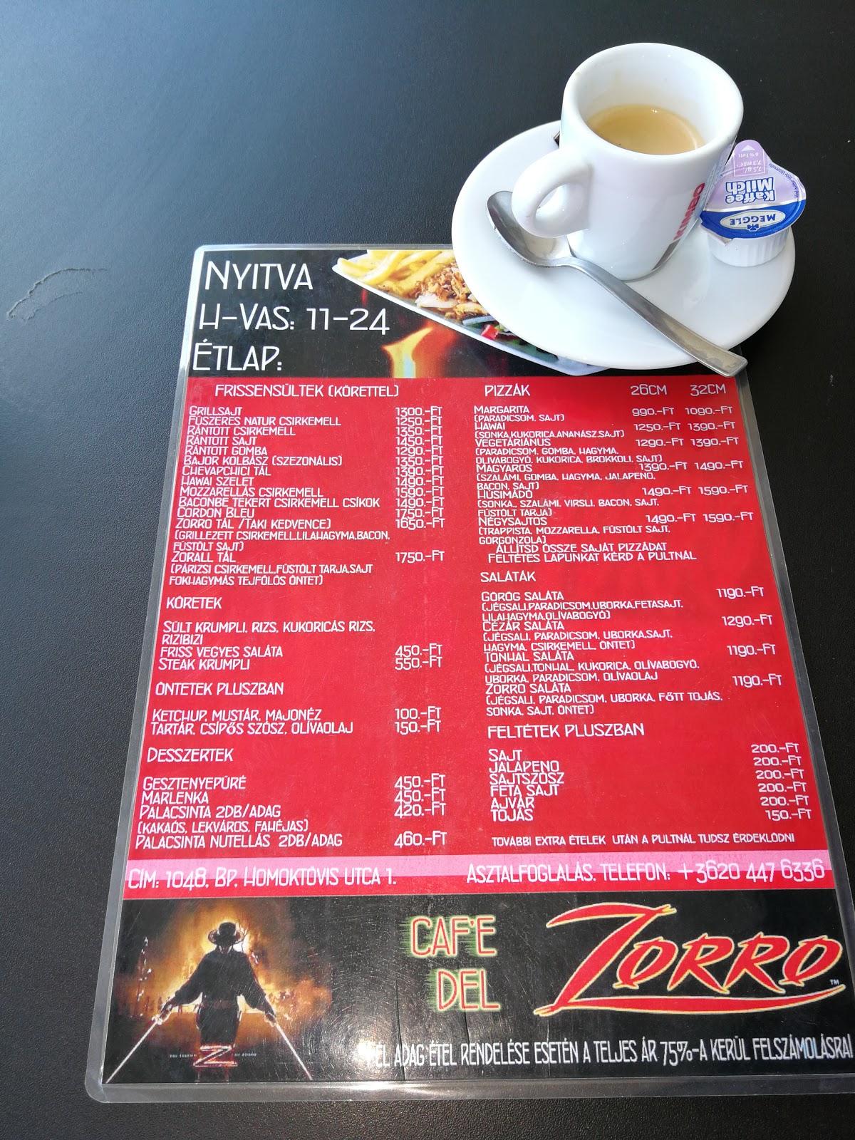 Menu at Cafe del Zorro, Budapest
