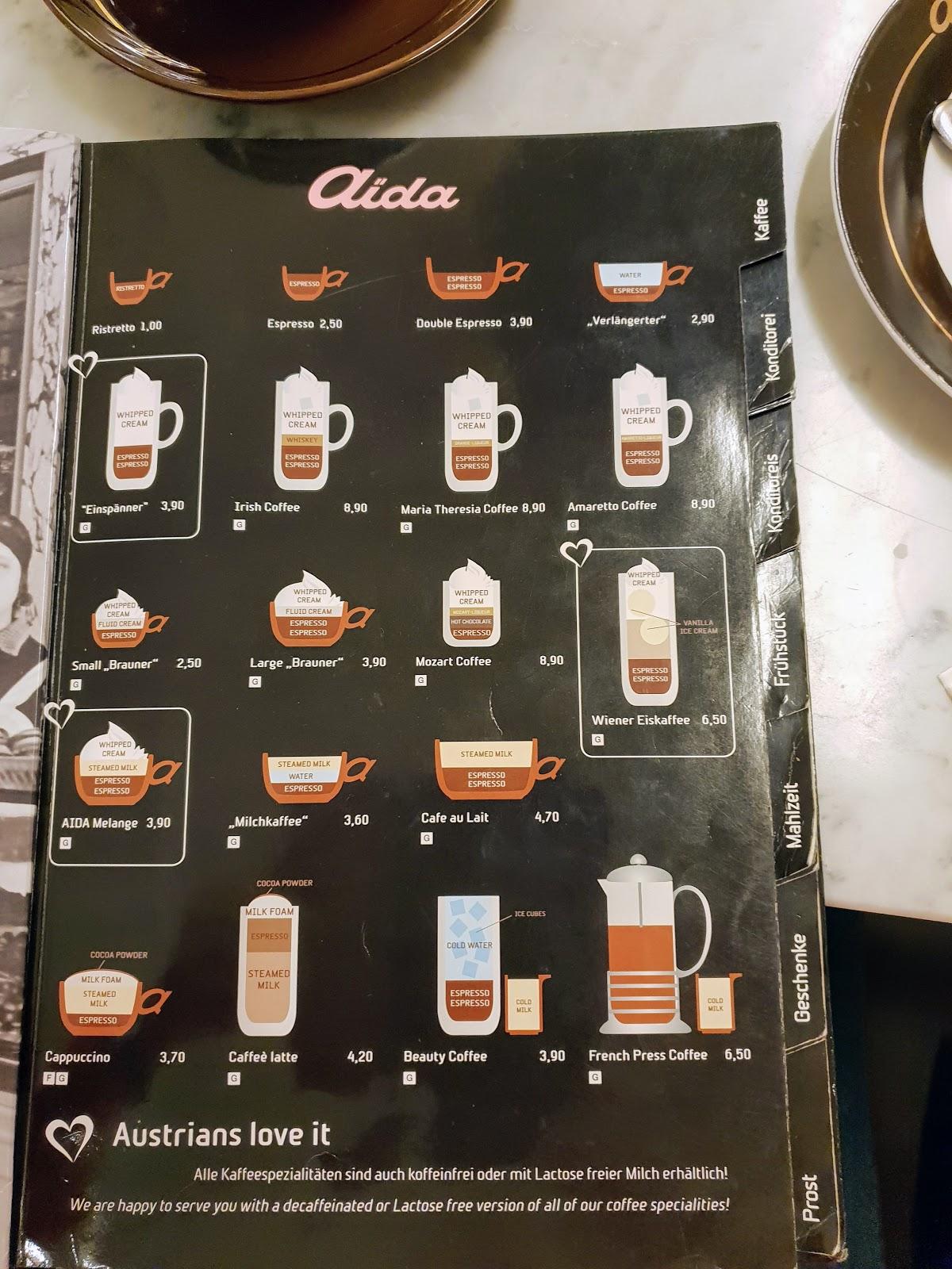Speisekarte von Aida cafe, Wien, Singerstraße 1