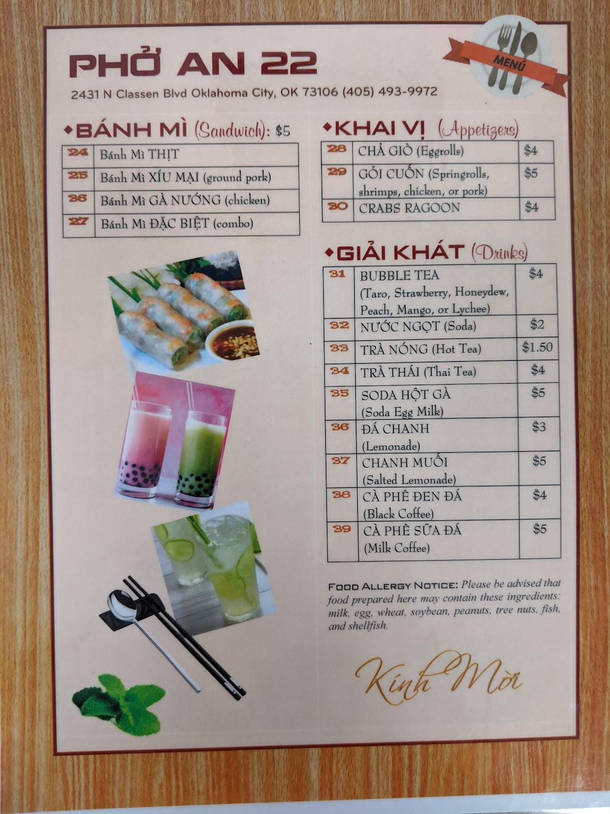 Menu at Phở An 22 restaurant, Oklahoma City