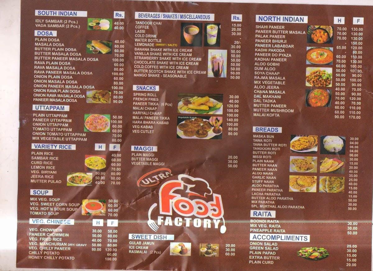 Menu at Ultra Food Factory, Delhi