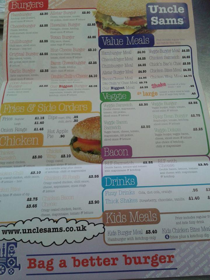 Menu at Uncle Sam Burgess Hill fast food, Burgess Hill