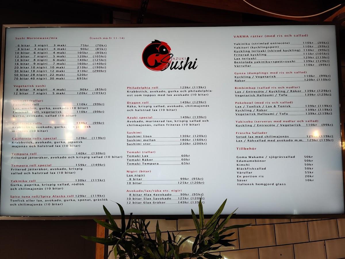 Menu at Azuki sushi restaurant, Lidingö