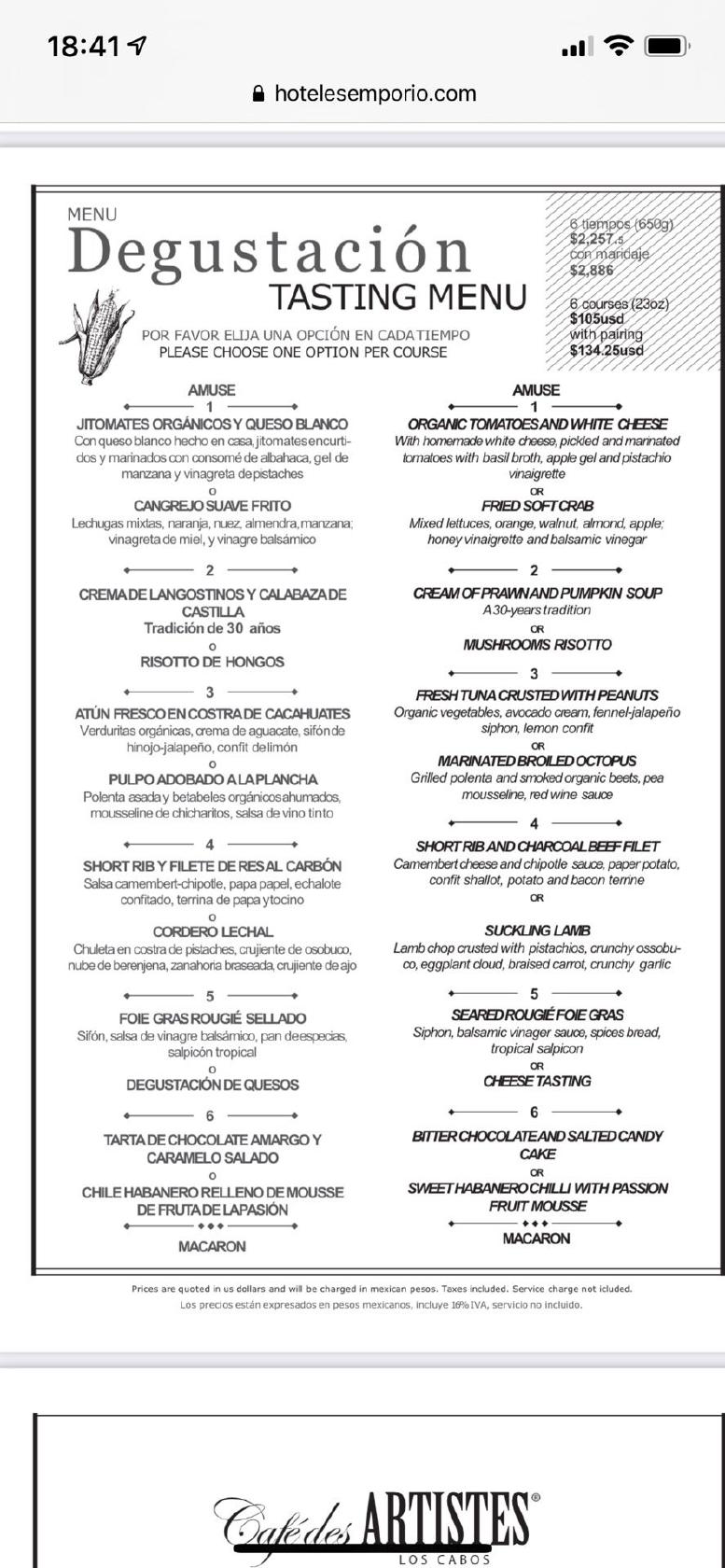 Menu at Café des Artistes Los Cabos, San José del Cabo, Inside JW Marriott