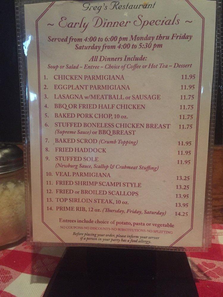 Menu at Greg's Restaurant, Watertown