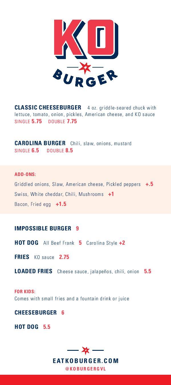 Menu at KO Burgers & Fries restaurant, Greenville