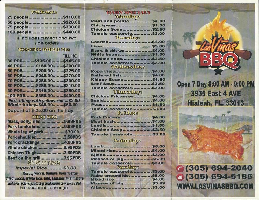 Menu at Las Viñas Barbeque, Hialeah