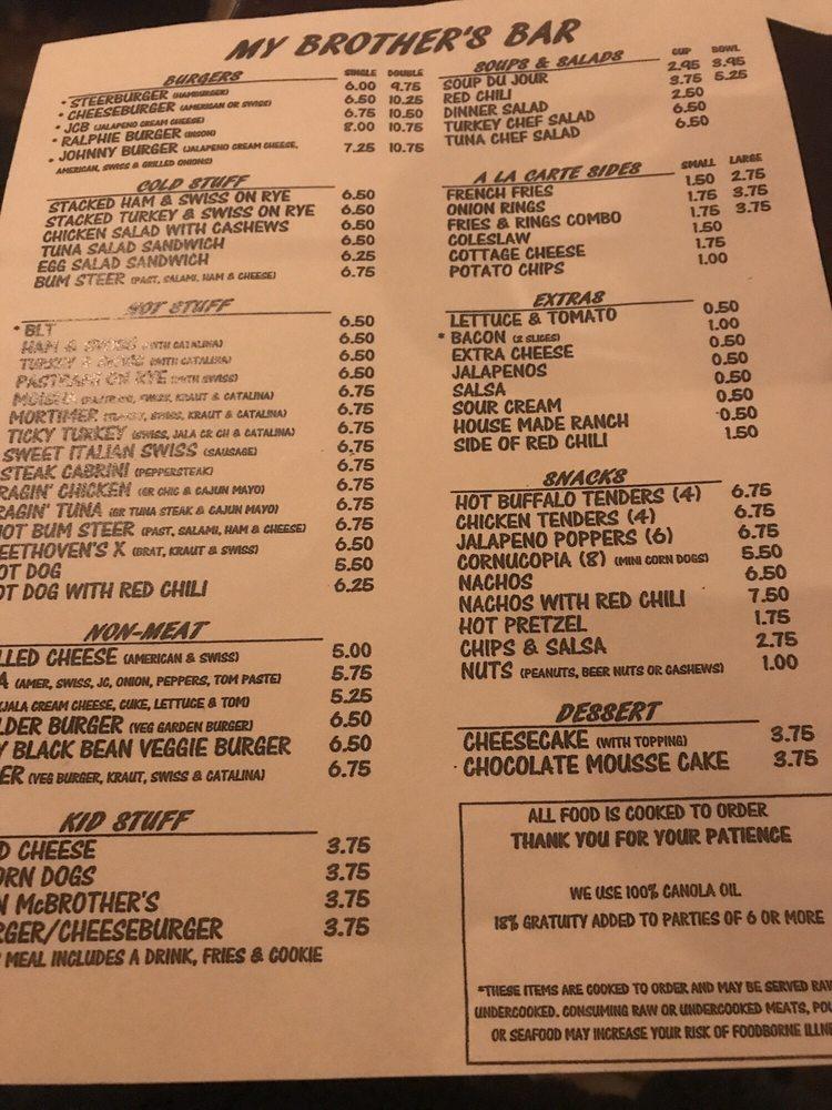Menu at My Brother's Bar, Denver