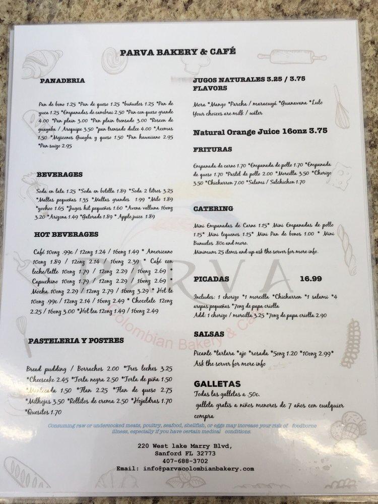 Menu at Parva Colombian Bakery-Restaurant-Cafe, Sanford, 220 W Lake ...