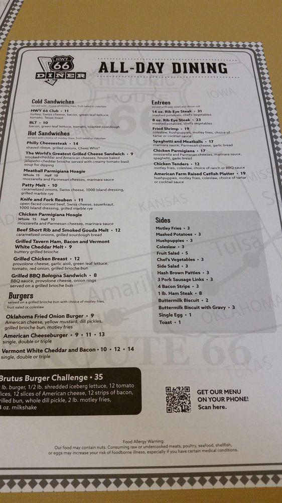 Menu at Route 66 Diner restaurant, Catoosa, Timbercrest Cir