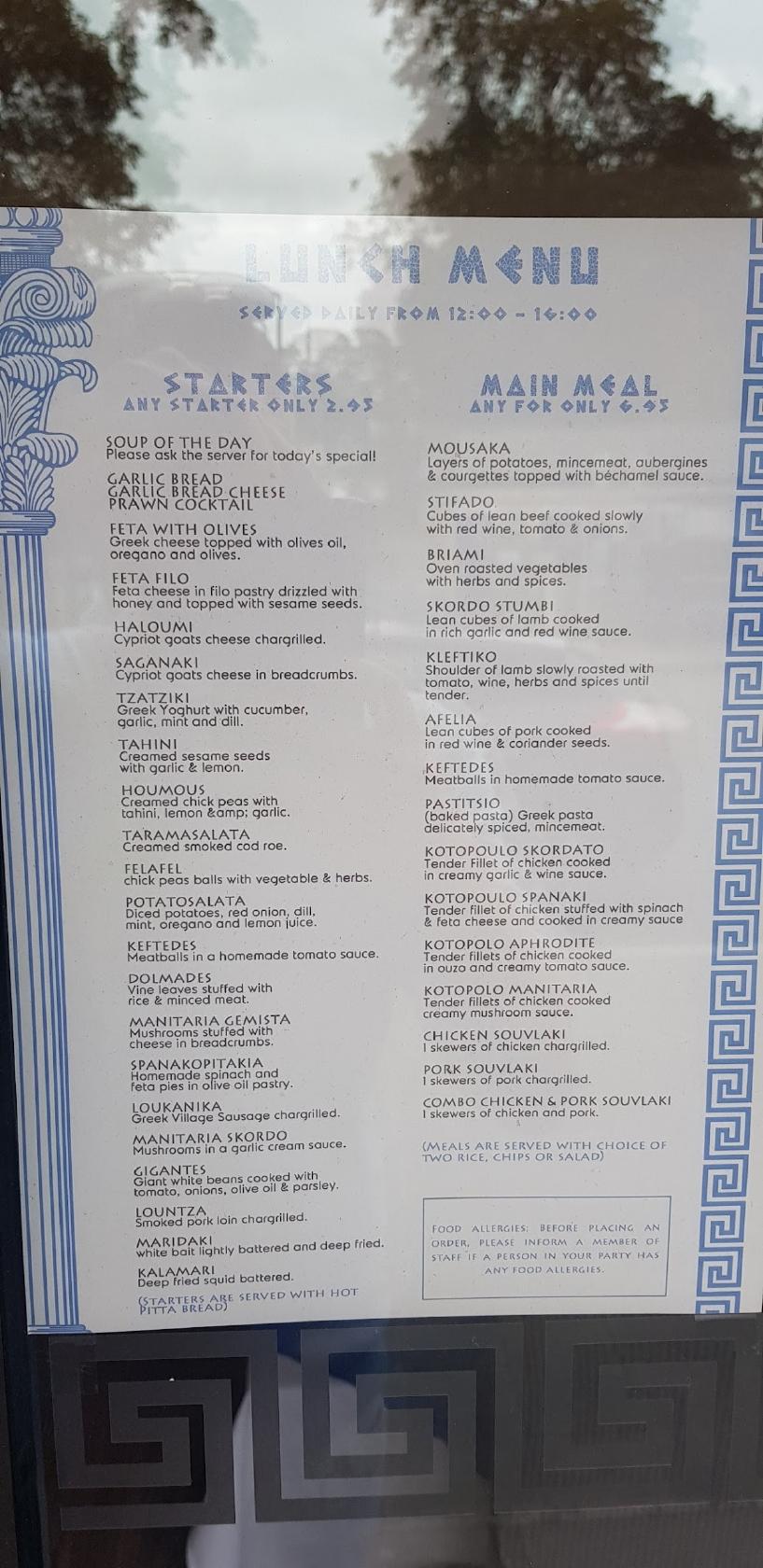 Menu at Acropolis Greek Taverna restaurant, Oxford