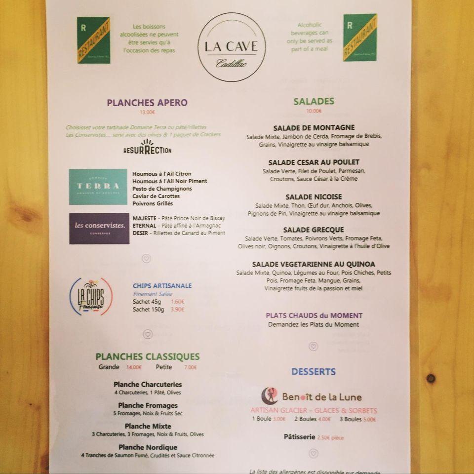 Menu at La Cave Cadillac restaurant, Cadillac