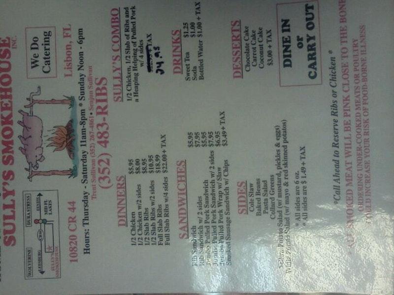 Menu at Sully's Smokehouse restaurant, Leesburg
