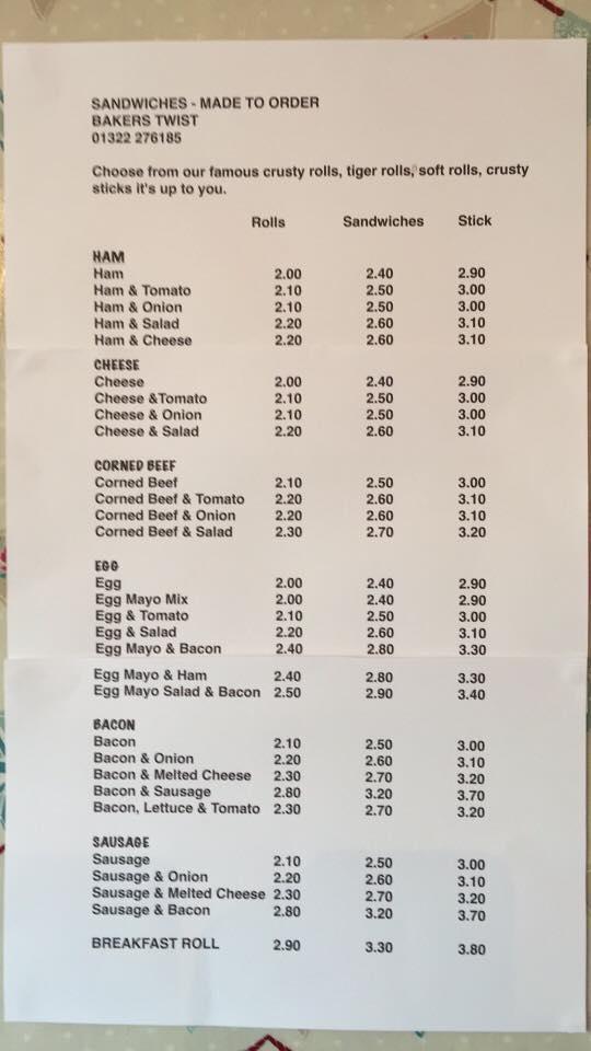 Menu at Bakers Twist restaurant, Dartford