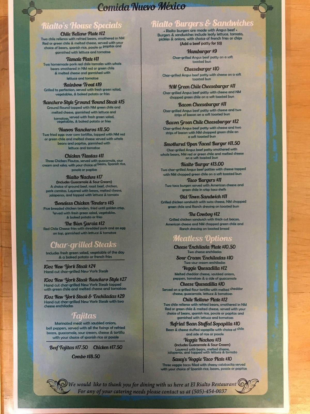 Menu at El Rialto Restaurant, Las Vegas