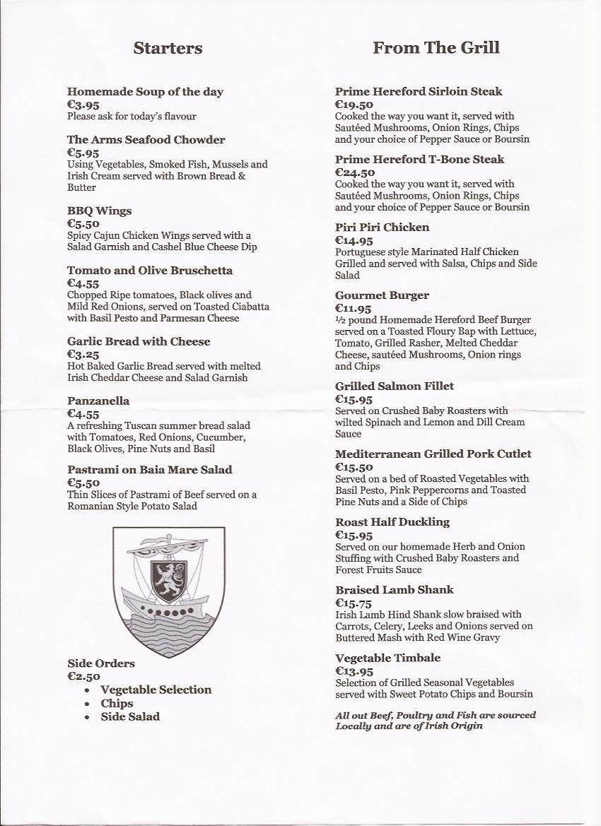 Menu at Galway Arms Inn pub & bar, Galway