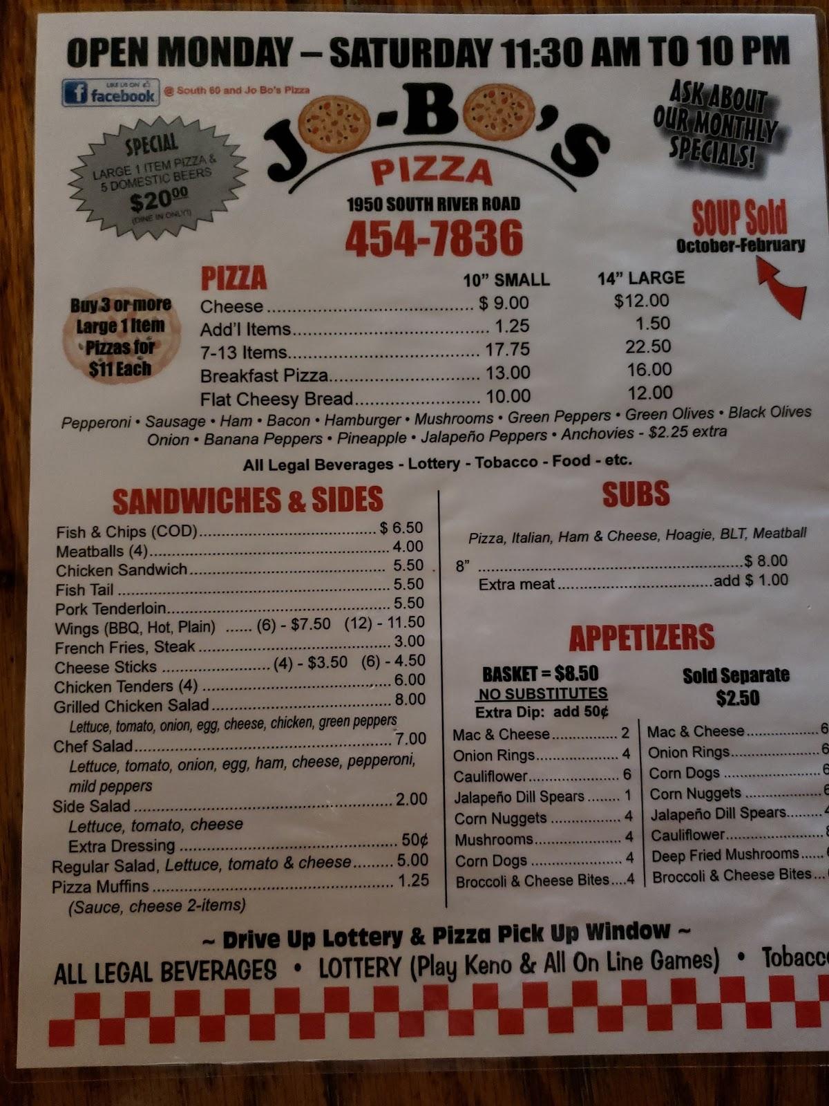 Menu at Jobo's Pizza restaurant, Zanesville
