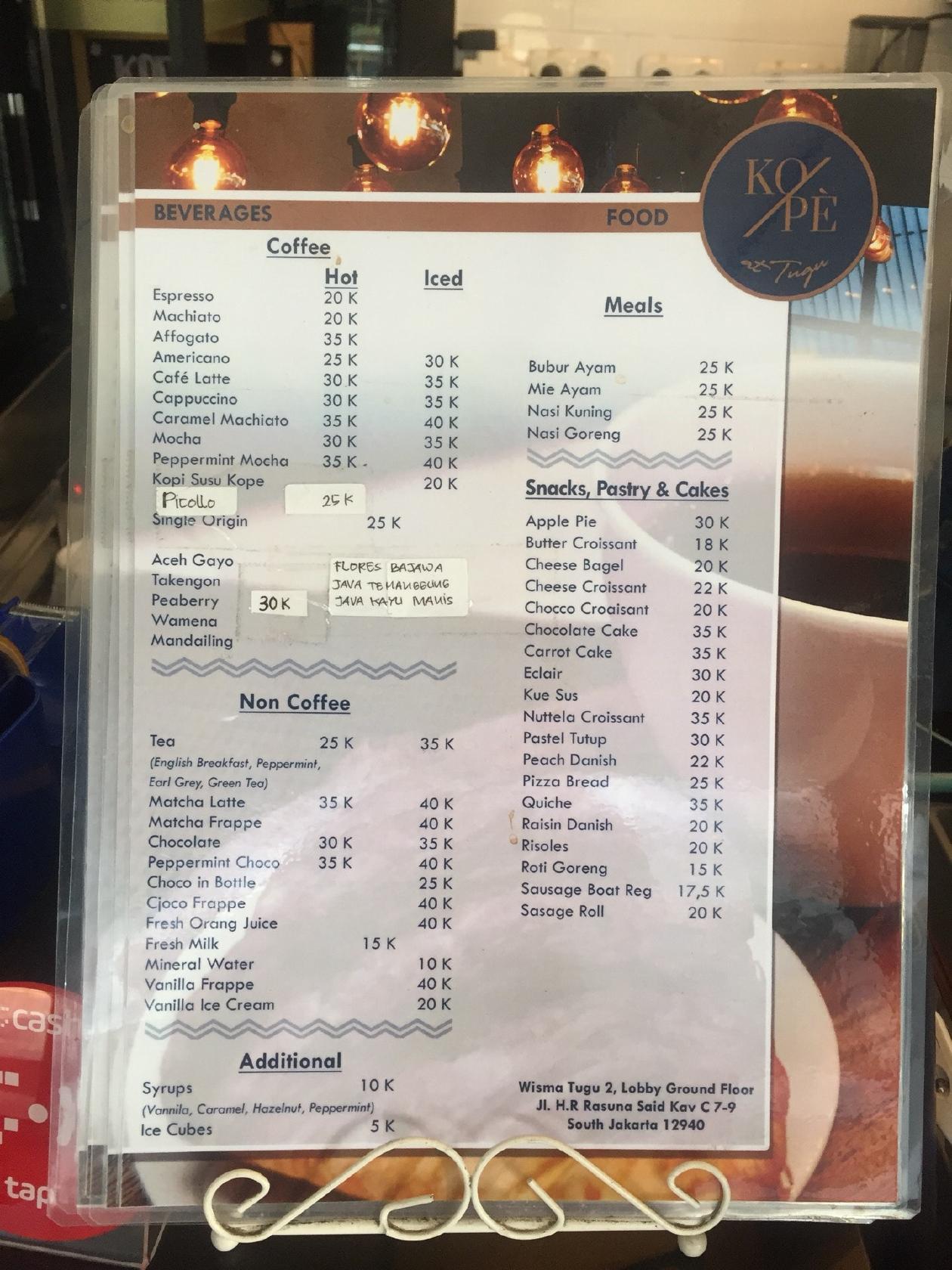Menu at Kopè at Tugu cafe, South Jakarta, Wisma Tugu 2