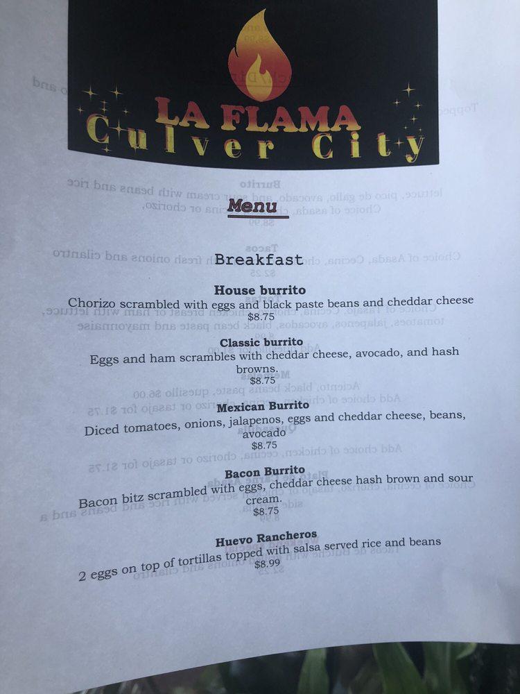 Menu at LA FLAMA Culver City restaurant, Los Angeles
