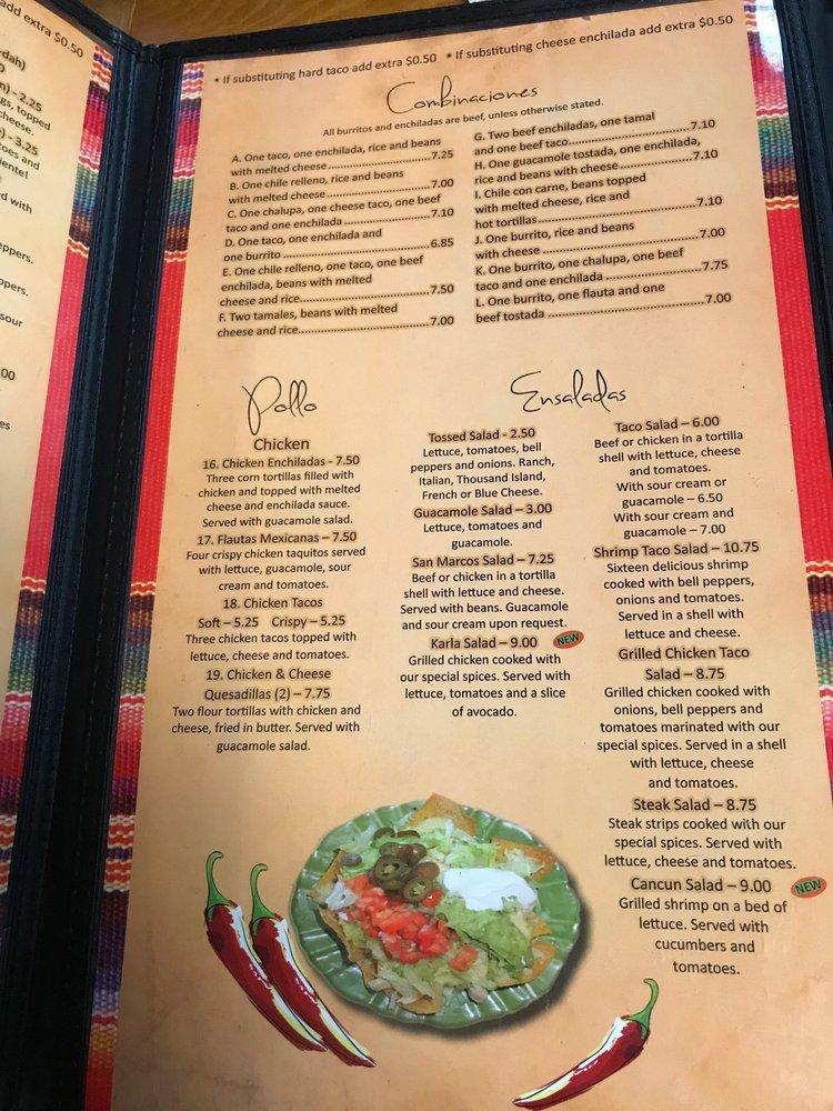 Menu at San Marcos restaurant, Montgomery, 61 N Burbank Dr