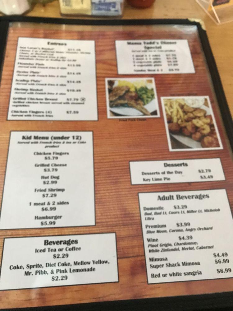 Menu at The Shack restaurant, North Myrtle Beach, Sea Mountain Hwy