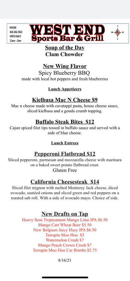 Menu at West End Grill pub & bar, Annapolis