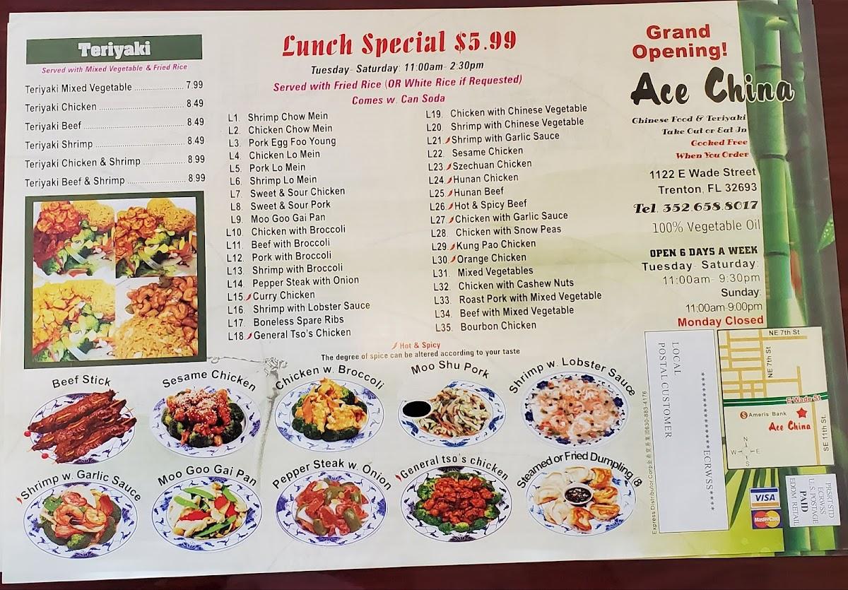 Menu at Ace China restaurant, Trenton