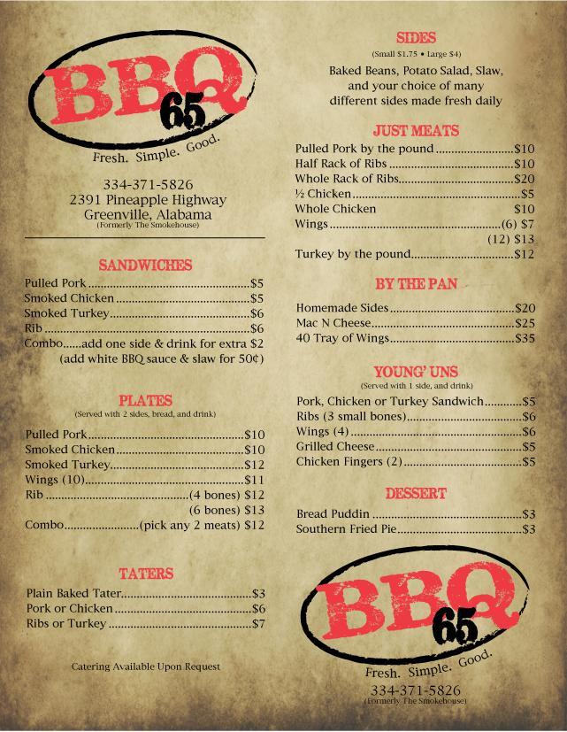 Menu at BBQ 65, Greenville
