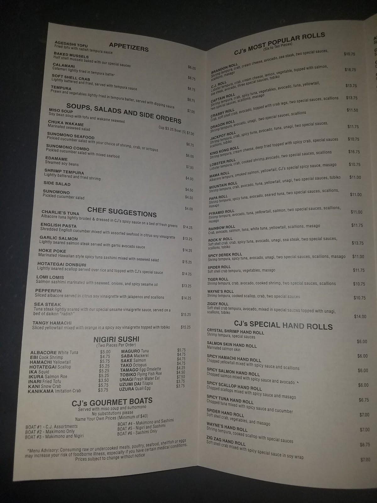 Menu at CJ Palace restaurant, Sparks